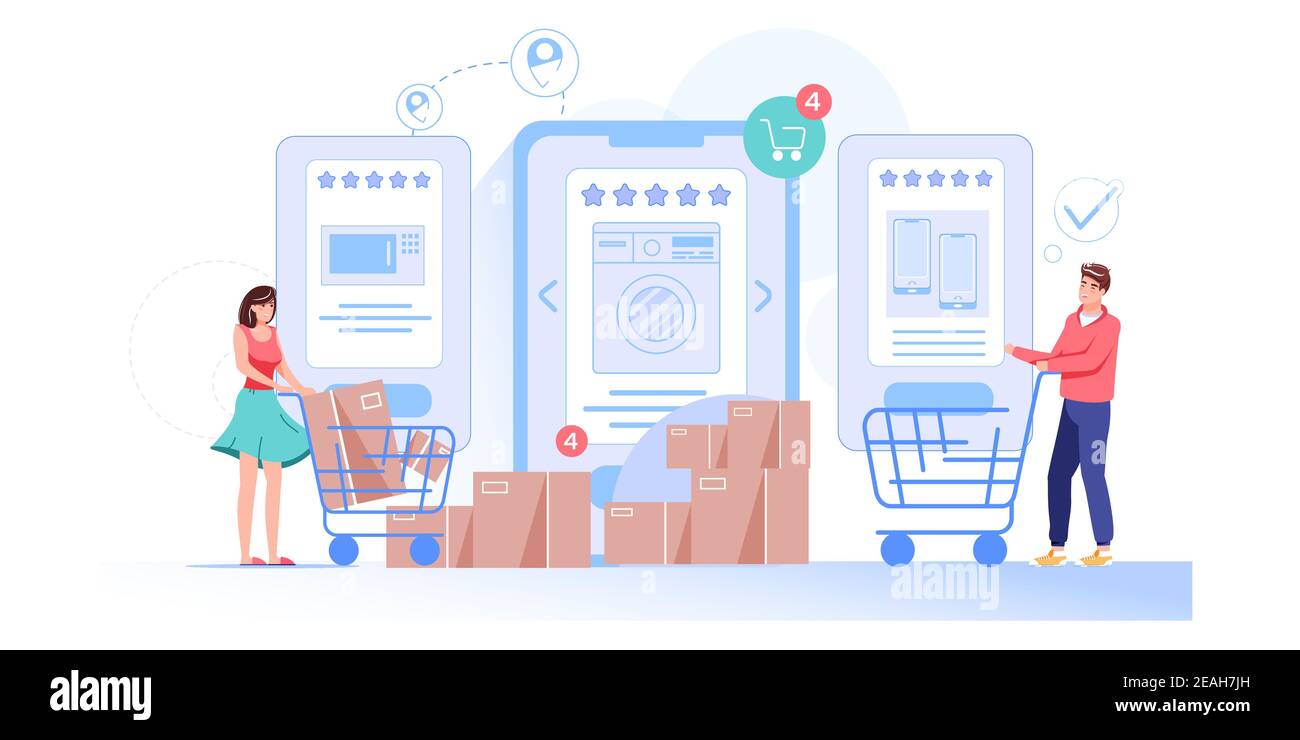 Flat cartoon characters make online buys,order delivery service vector ...