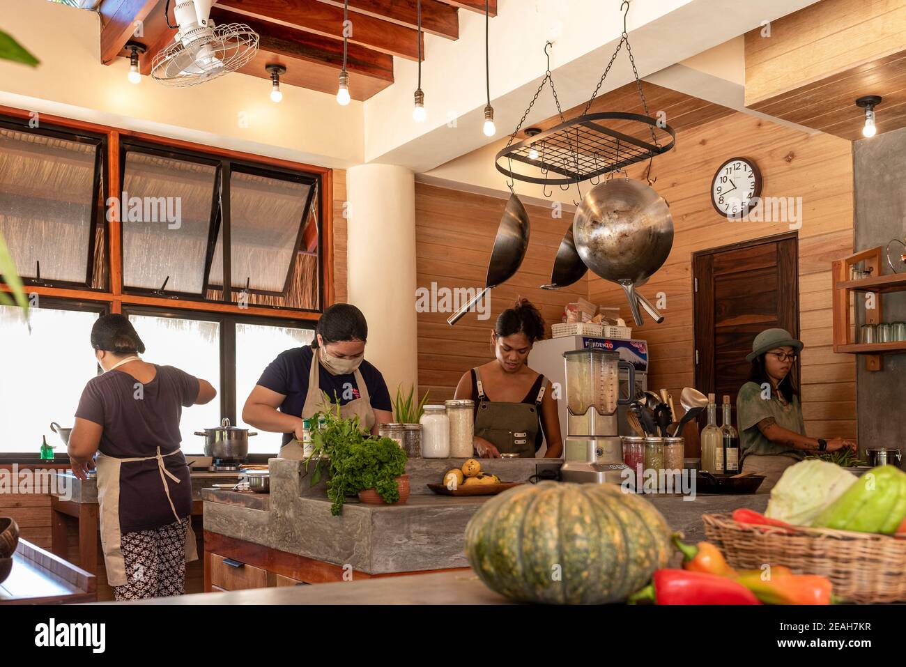 Face Mask Two Asian Female Cooks on Duty Chopping Vegetables Bright ...
