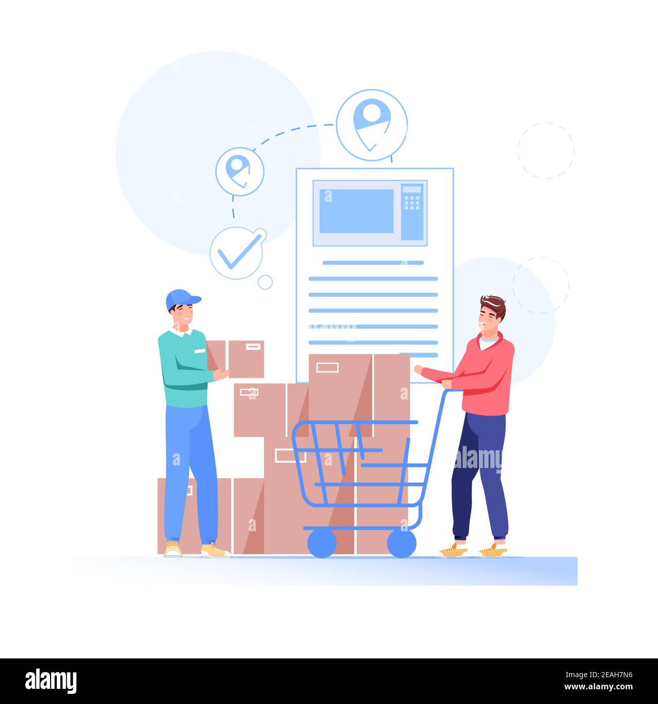 Flat cartoon characters receiving online buys,order delivery service ...