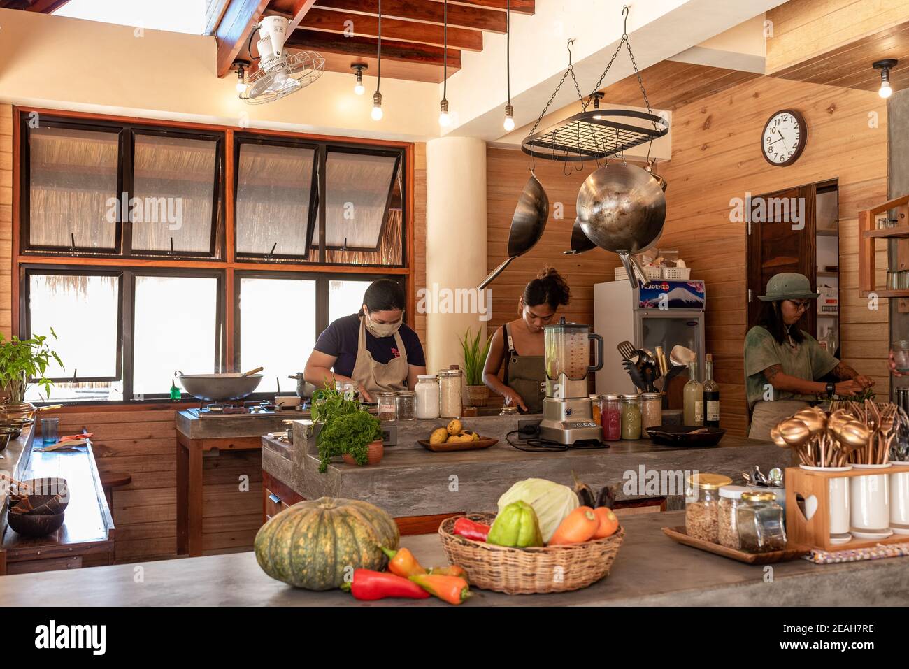 Face Mask Two Asian Female Cooks on Duty Chopping Vegetables Bright ...