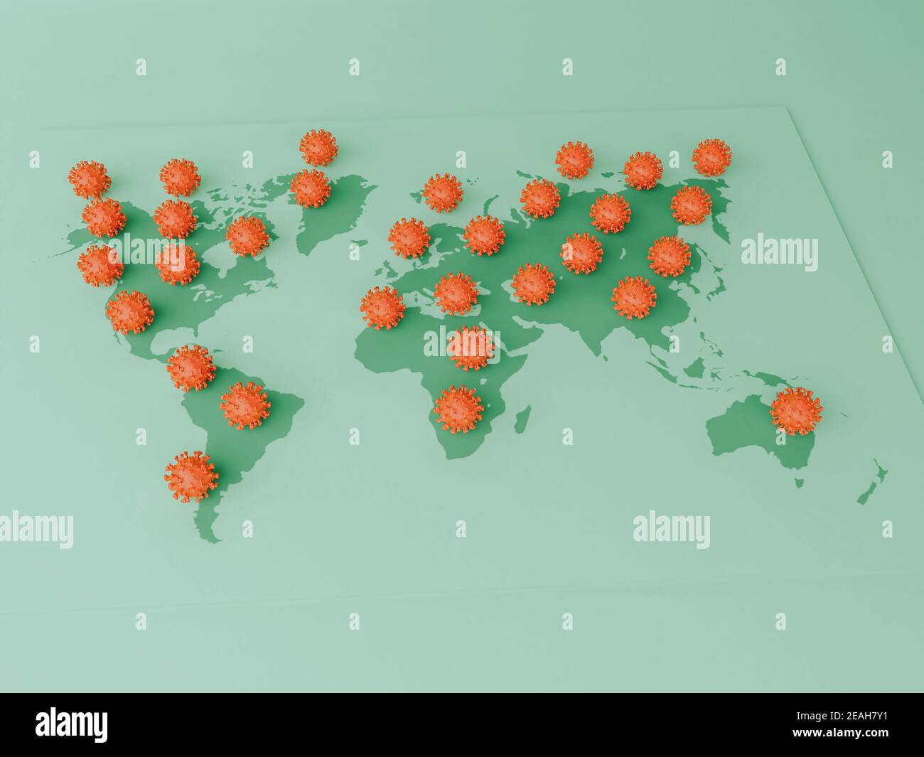 3D Illustration. Covid-19 cells on a world map Stock Photo - Alamy