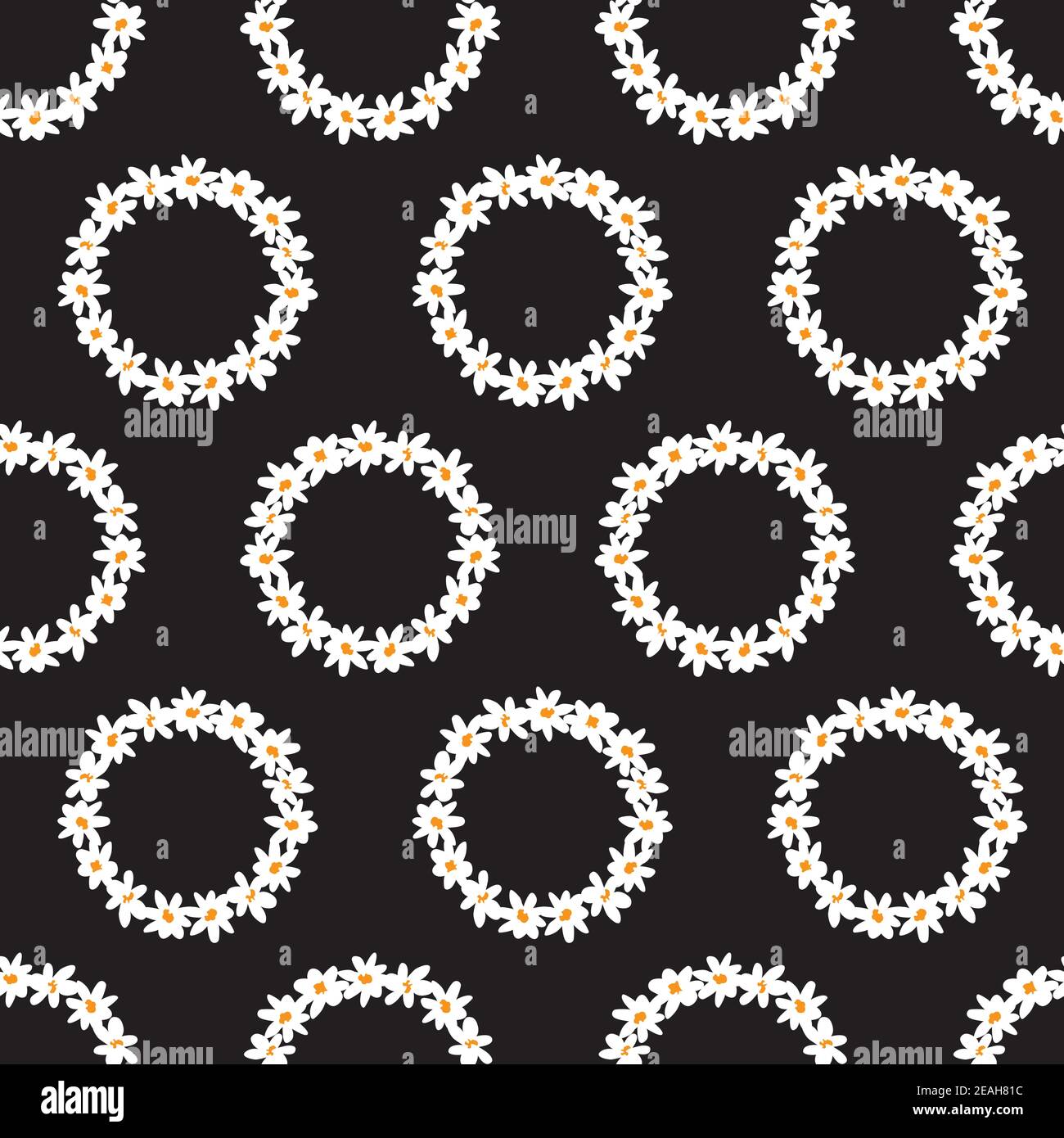 Vector black and white fun daisy flowers medium rings repeat pattern ...