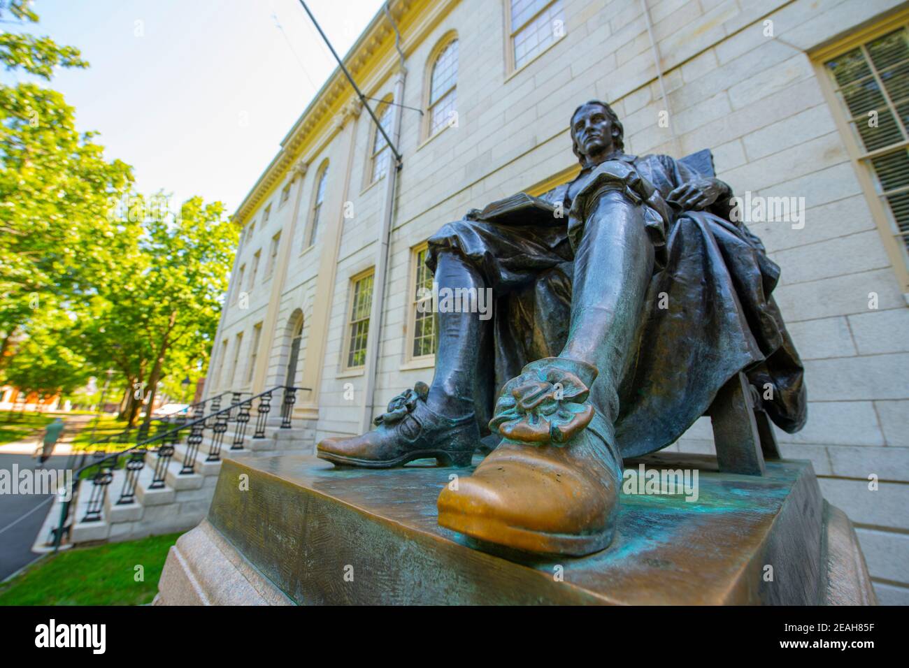 John Harvard statue in front of University Hall in Old Harvard Yard ...