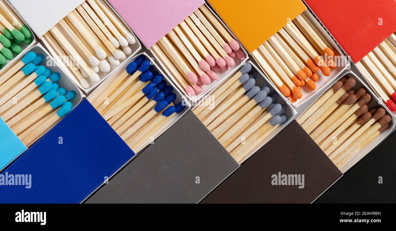 top view multi color matchboxes Stock Photo - Alamy