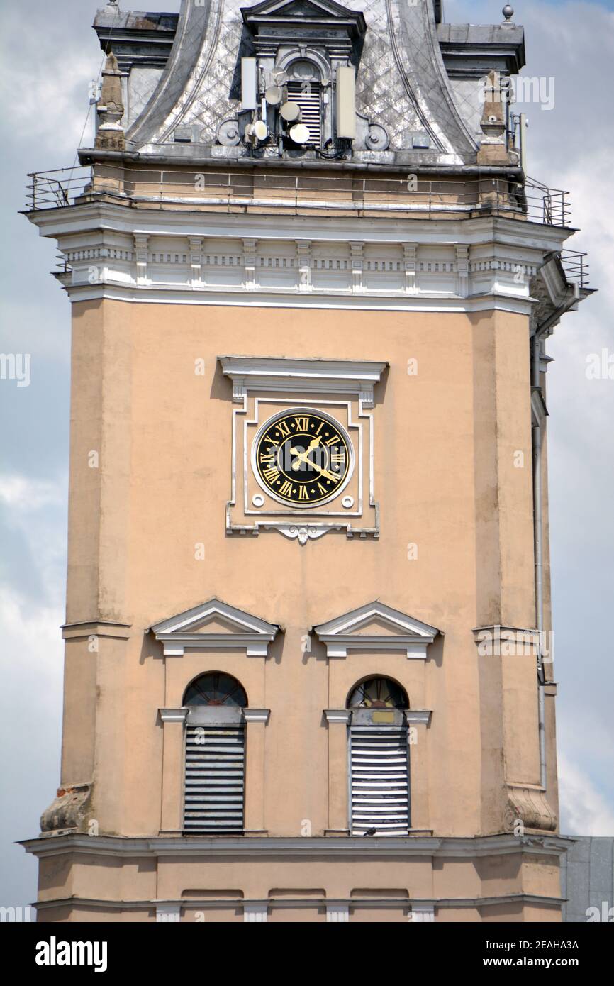 Clock on historical church bell tower Stock Photo - Alamy
