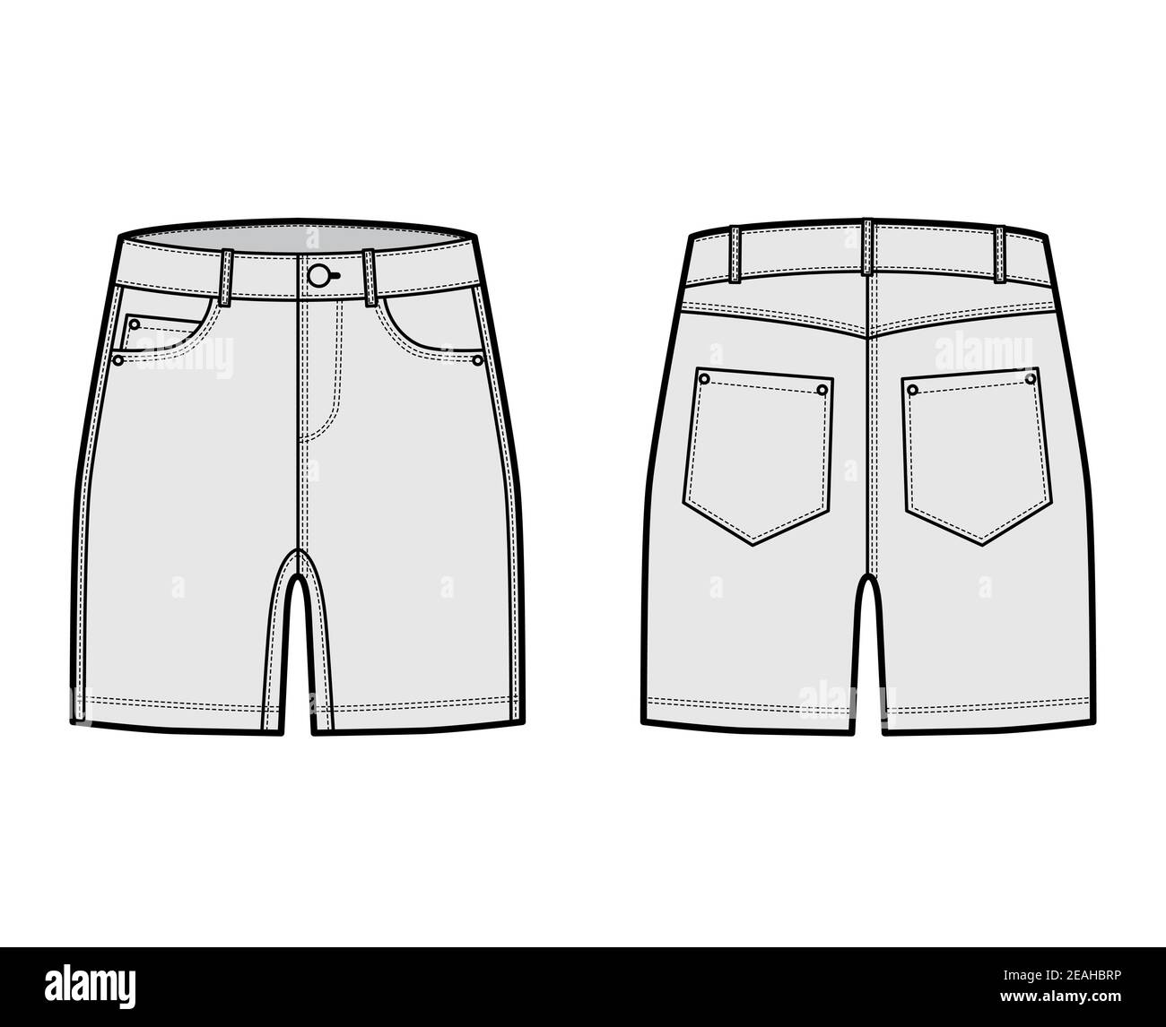 Denim short pants technical fashion illustration with mid-thigh length ...