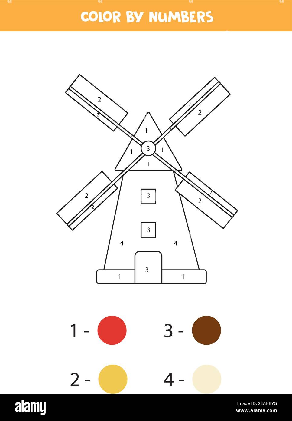 Coloring page with cartoon mill. Color by numbers. Math game for kids ...
