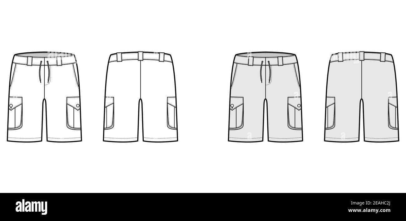 Short cargo technical fashion illustration with mid-thigh length, low ...