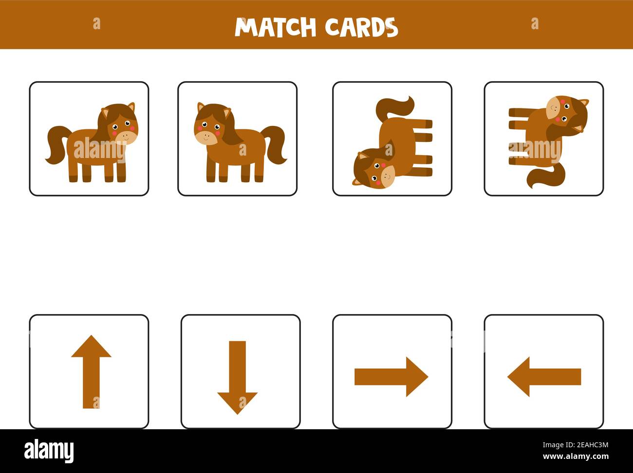 Spatial orientation with cute farm horse. Left, right, up or down Stock ...