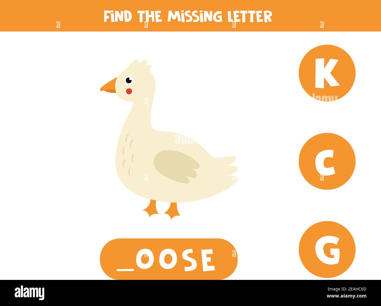 Find missing letter. Cute cartoon goose. Educational spelling game for ...