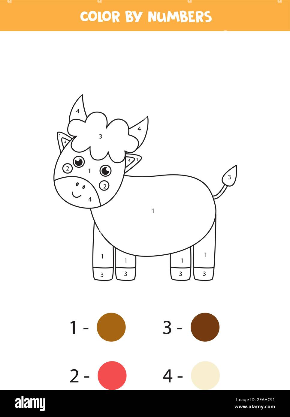 Coloring page with cute cartoon bull. Color by numbers. Math game for ...