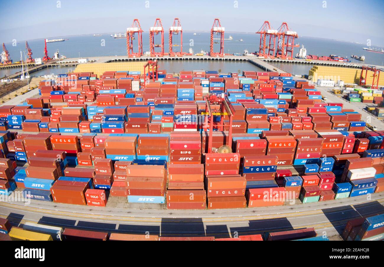 SUZHOU, CHINA - FEBRUARY 9, 2021 - An aerial view of the container ...