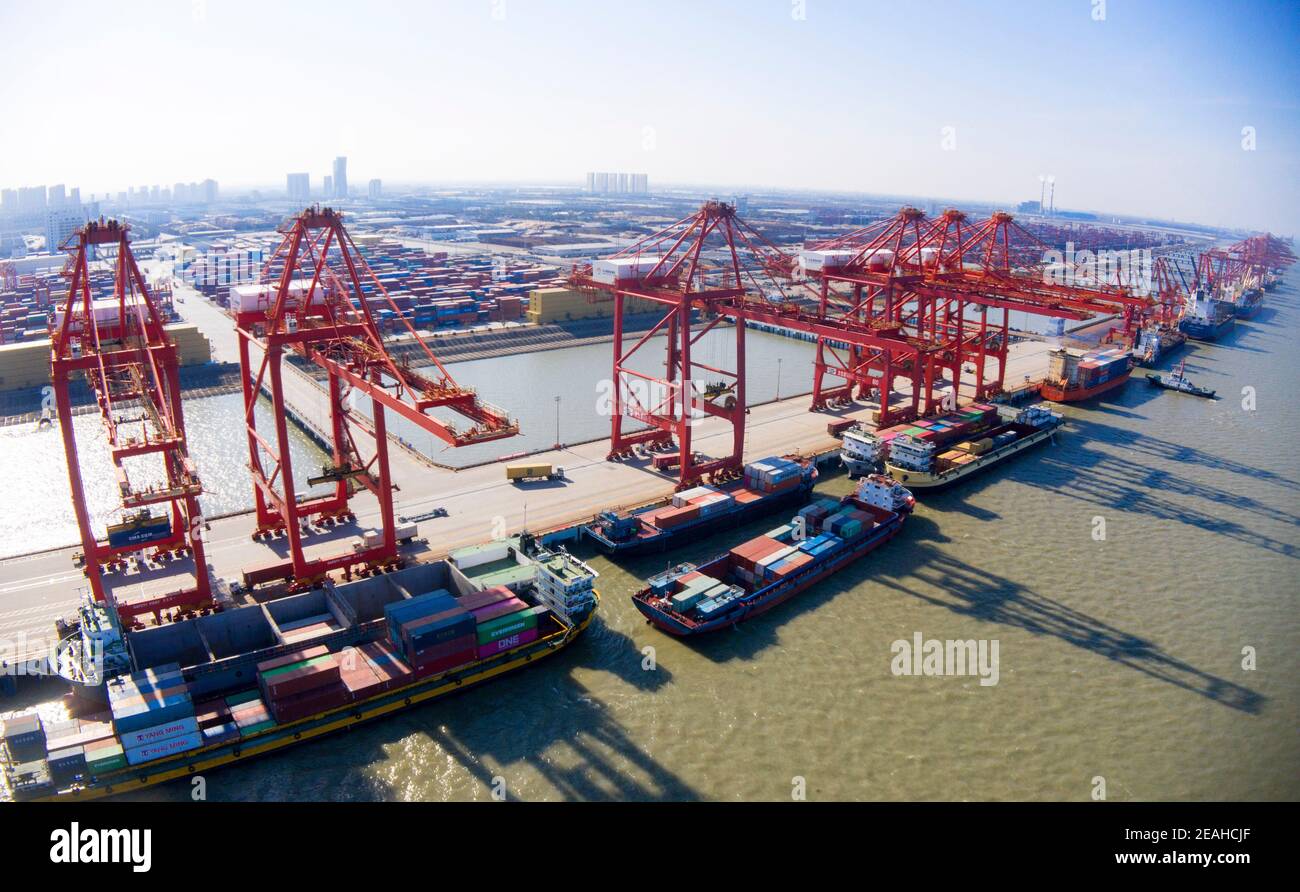 SUZHOU, CHINA - FEBRUARY 9, 2021 - An aerial view of the container ...