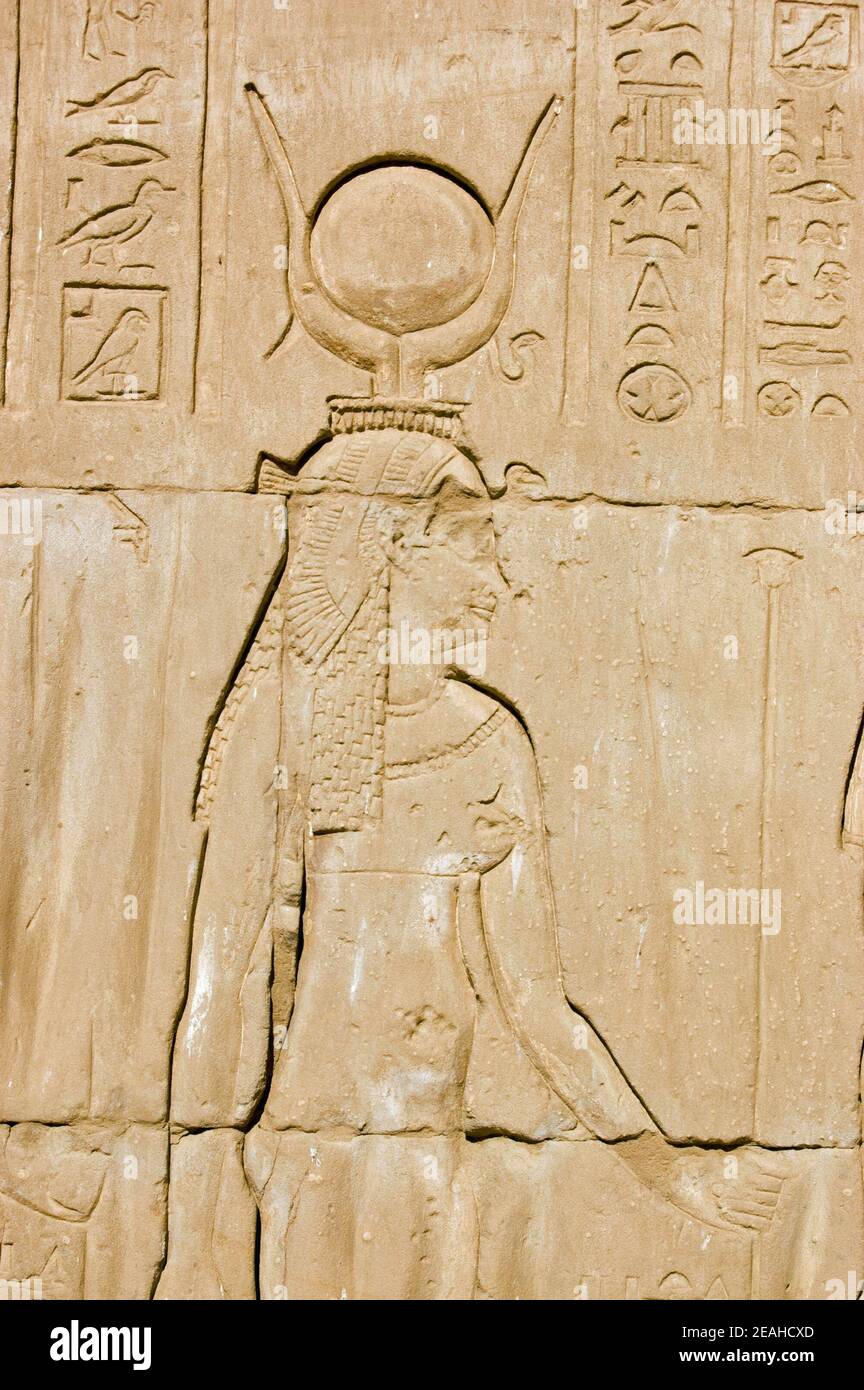 Ancient Egyptian carving of the Goddess Hathor with her typical crown ...