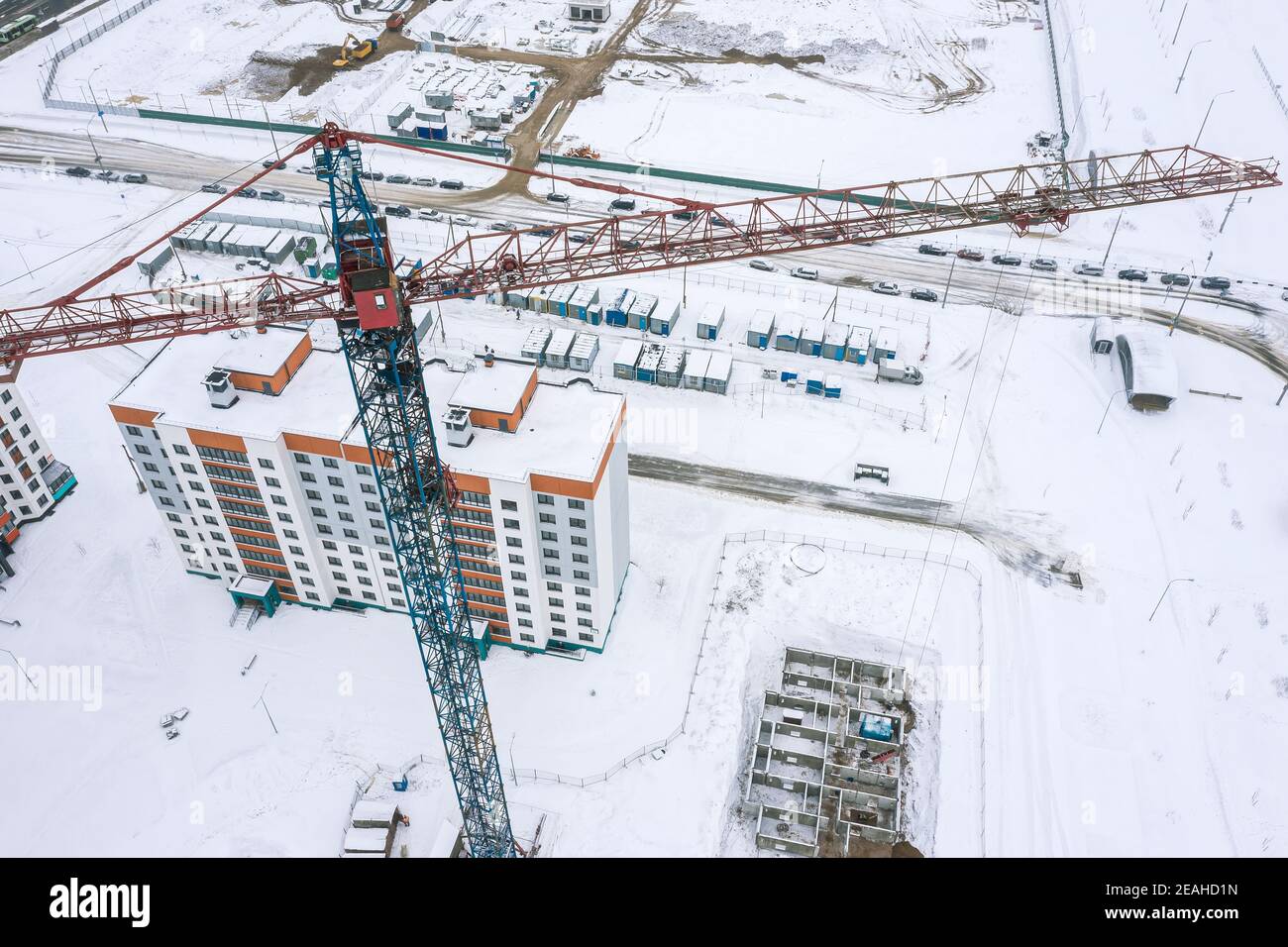 building crane on winter construction site. aerial photography with ...