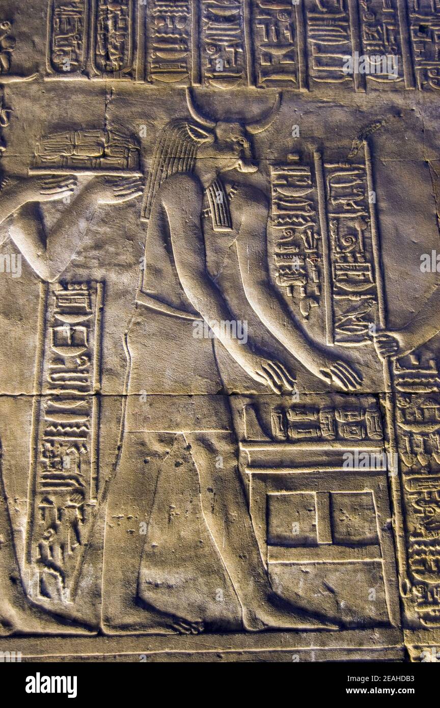 Ancient Egyptian stone carved frieze showing the bull god Apis ...