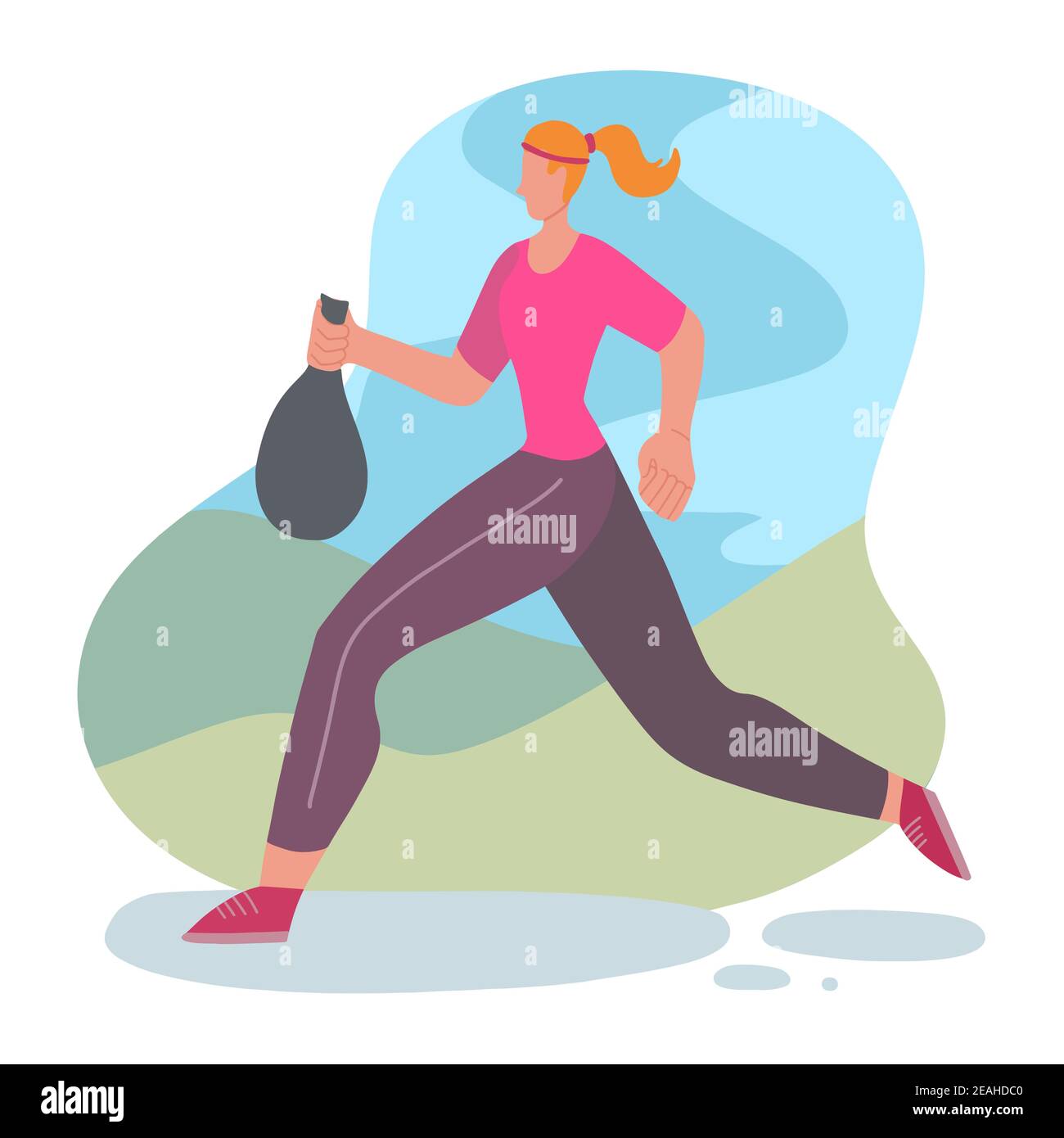 Plogging. Environmental movement. Healthy lifestyle. Woman jogging with ...
