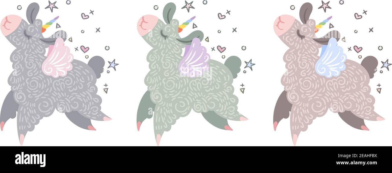 Set of cute curly llama-unicorns who flying and dancing with happiness ...