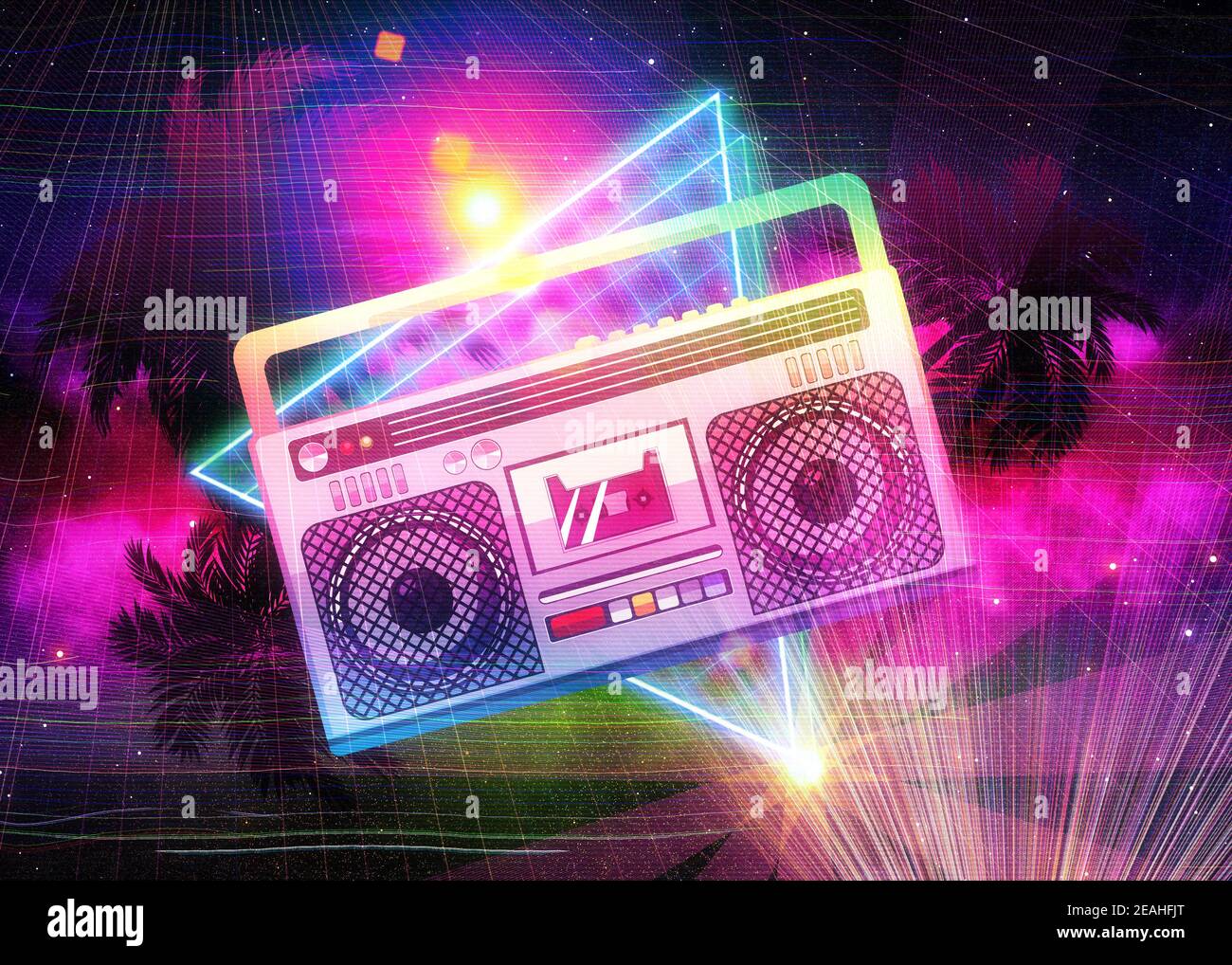 Abstract ghettoblaster, boombox retro vaporwave tropical design with ...
