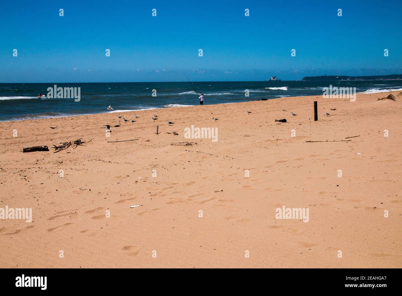 Stretch of beach with waves breaking in deep blue sea Stock Photo - Alamy