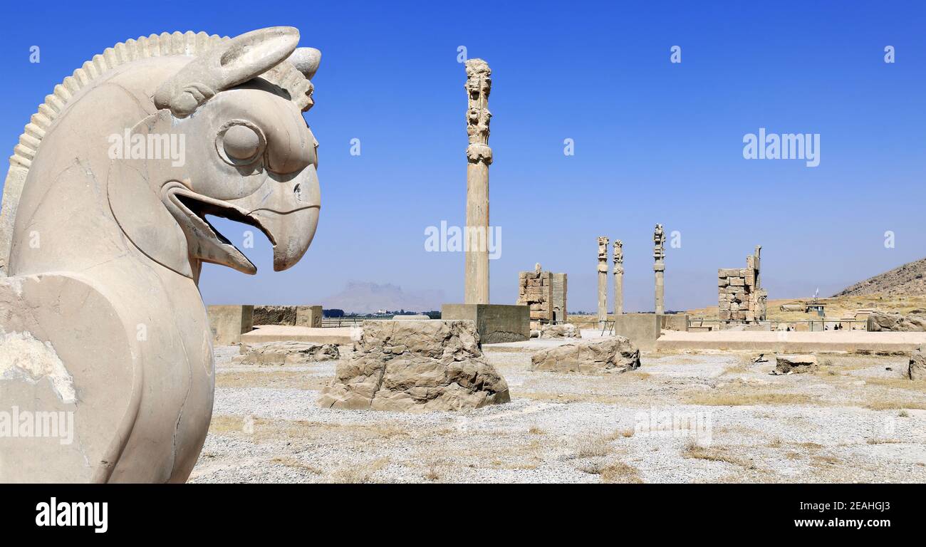 Stone sculpture of griffin and columns of Apadana Palace built by ...