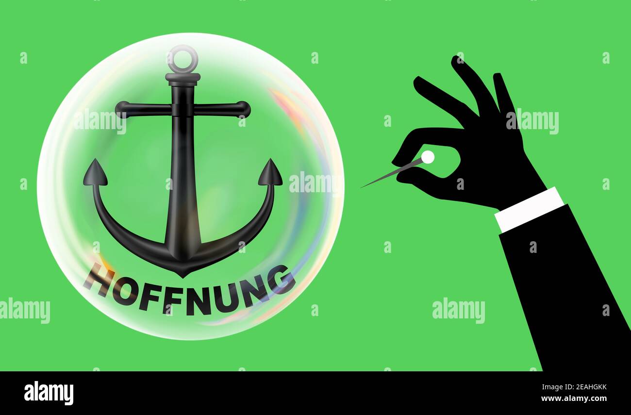 Hand with a needle raised to a soap bubble. Soap bubble with hope ...