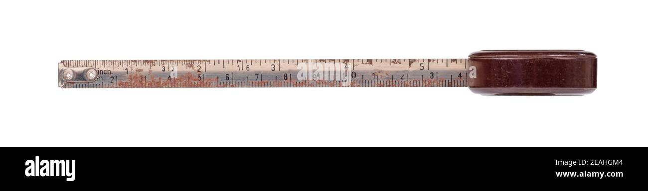 Old scratched brown metal tape measure, measuring on white Stock Photo ...