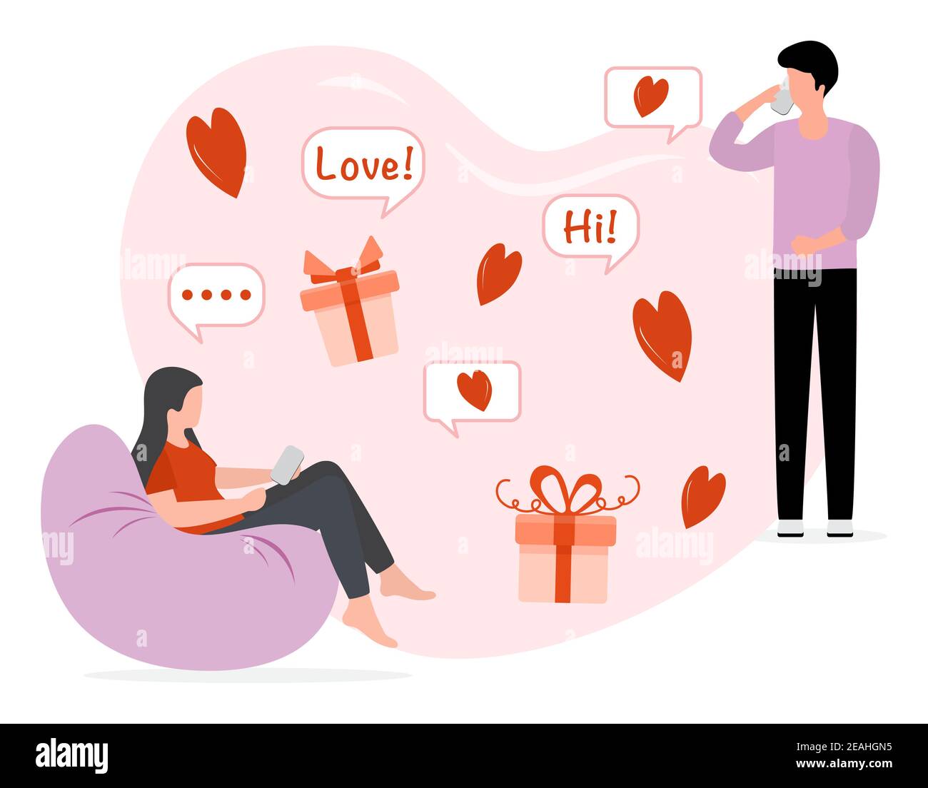 Vector illustration Man and woman talking by smart phone. People during ...
