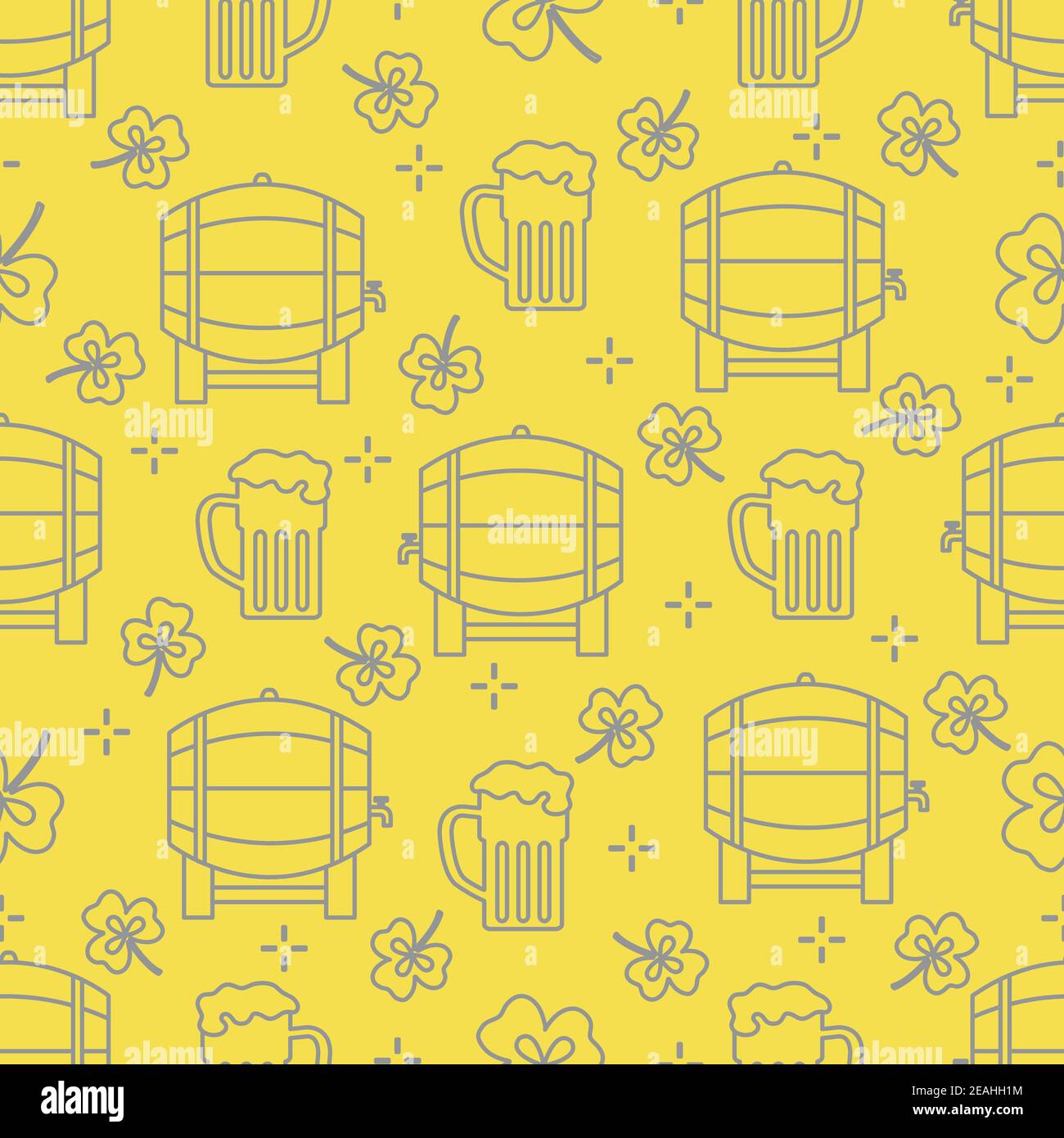 Seamless pattern with clover leaves, beer barrel, beer mug. St. Patrick ...