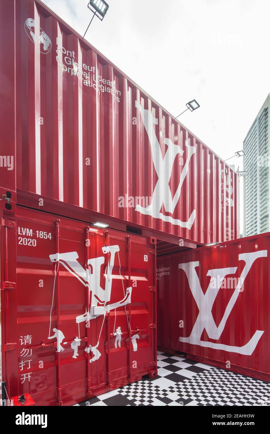 Vertical close-up of Louis Vuitton's pop-up installation of red ...