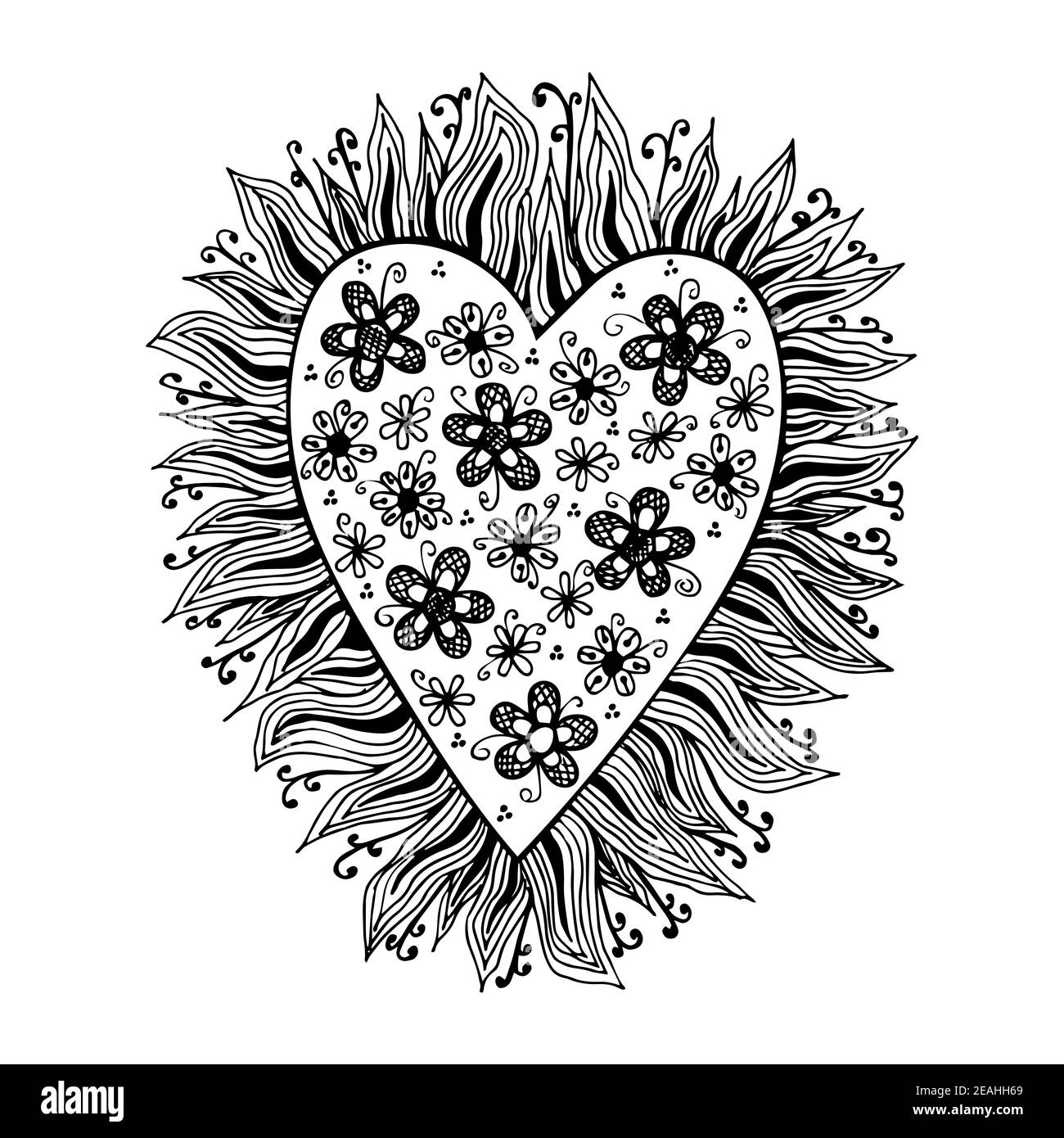 Saint Valentine greeting card, Hand drawn vector black and white heart ...