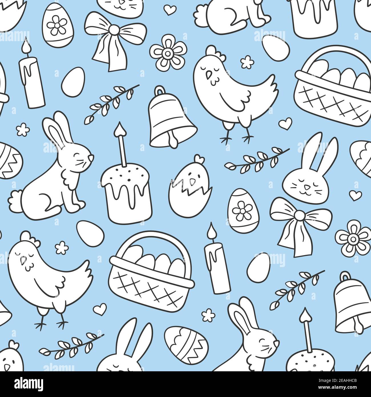 Cute Easter doodle seamless pattern with bunny, basket, easter eggs ...