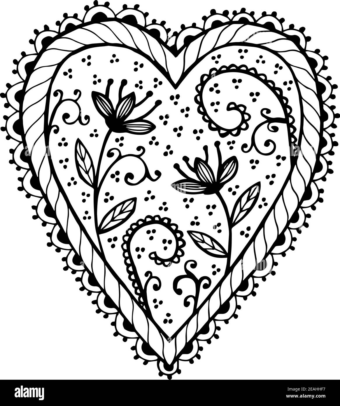 Saint Valentine greeting card, Hand drawn vector black and white heart ...