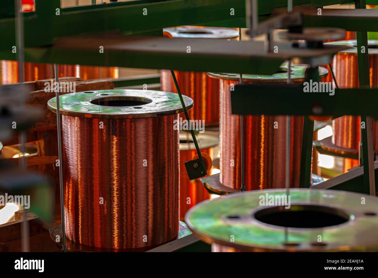 Copper wire reels in cable factory close up Stock Photo - Alamy