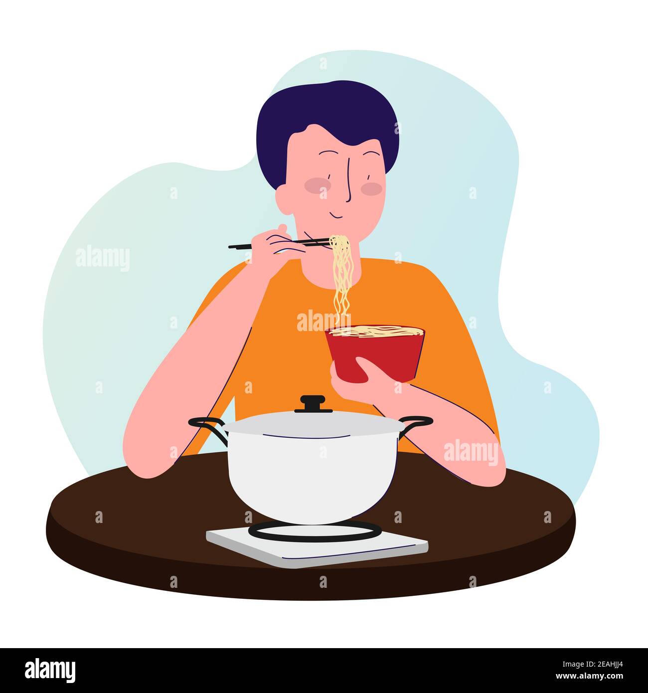 men eat noodles use chopstick on table with cartoon flat style Stock ...