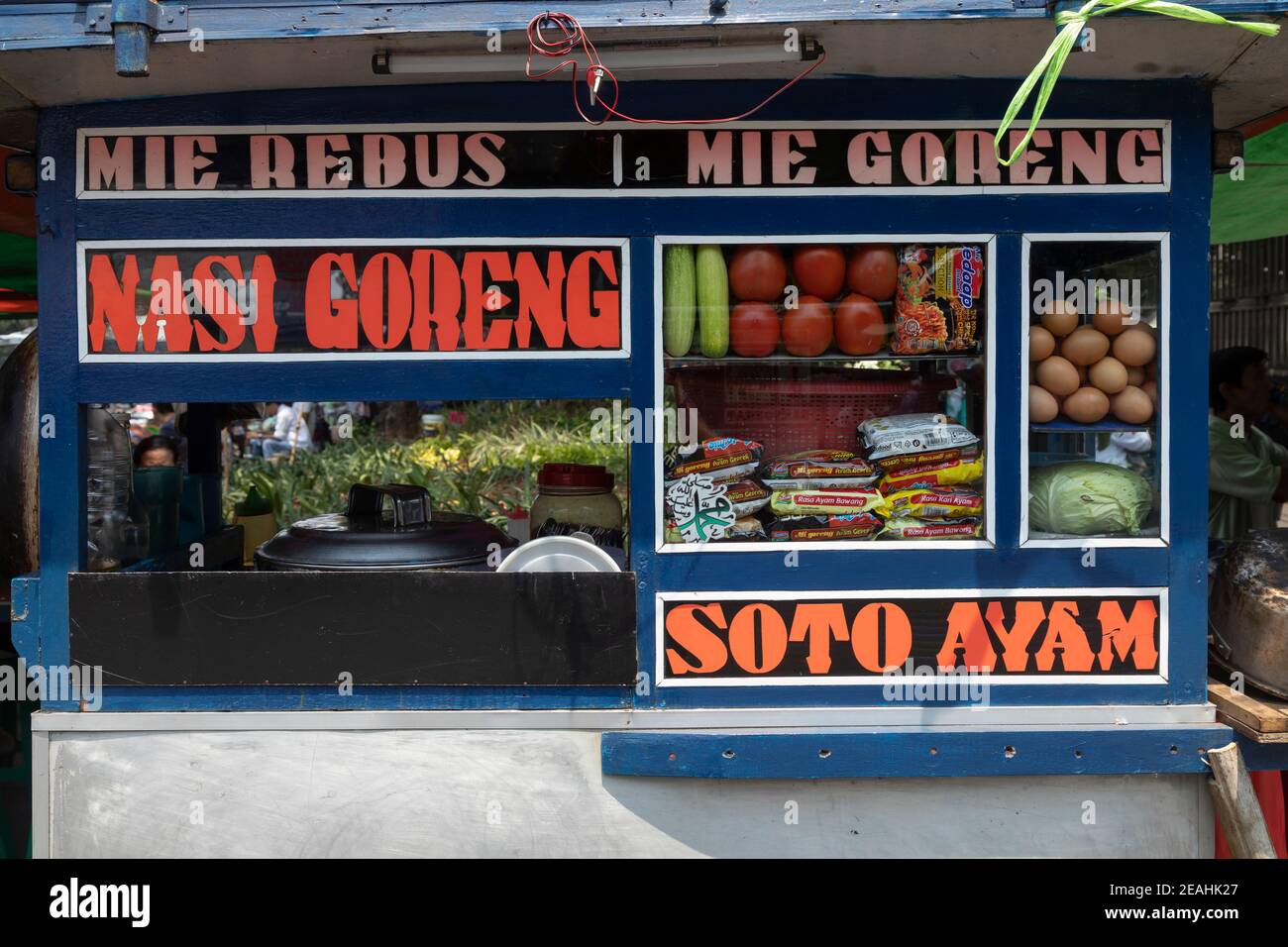 Jakarta, Indonesia - October 20, 2019: Street food stall, in which sell ...