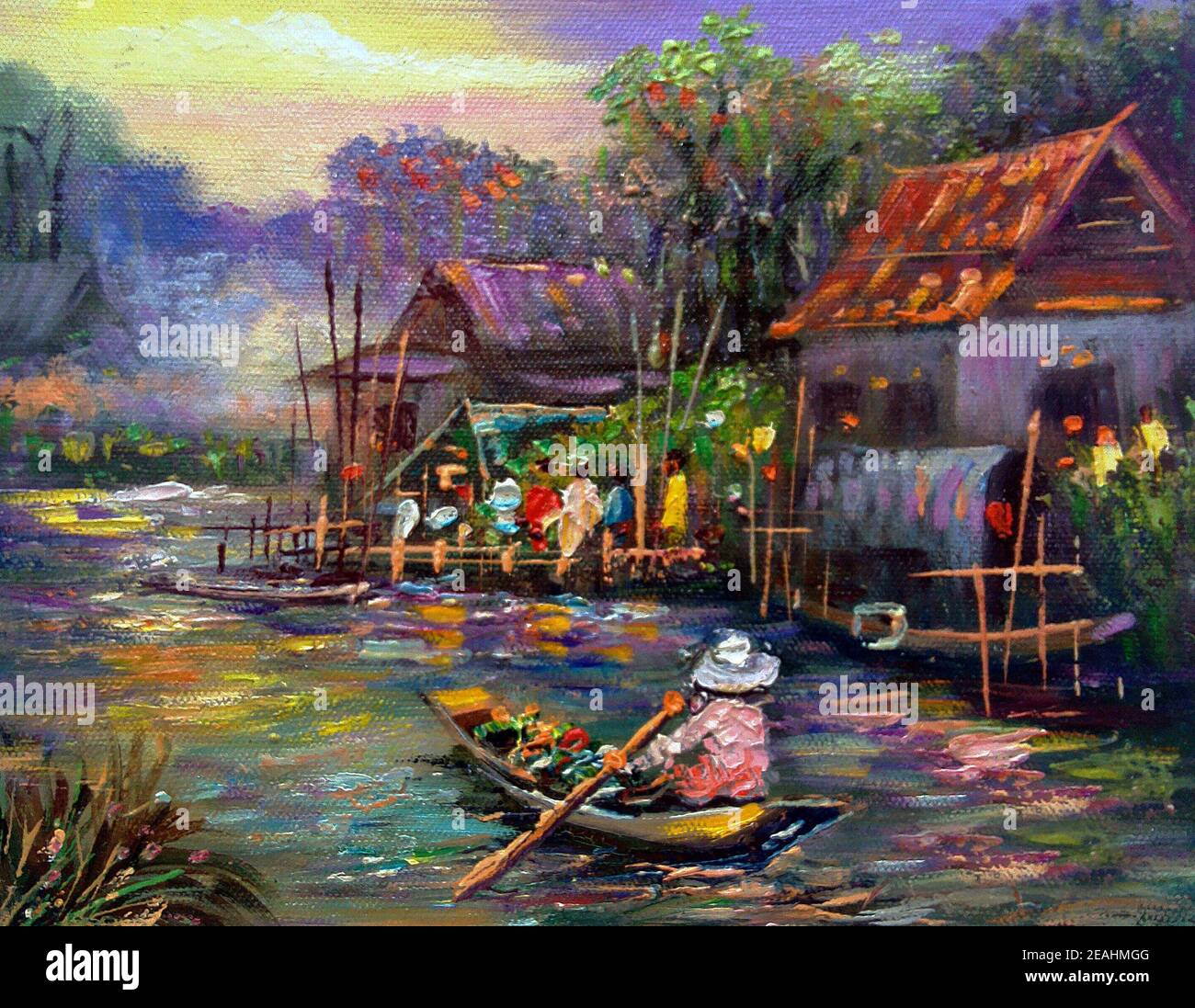 Art painting Oil color Floating market Thailand , rural life , rural ...