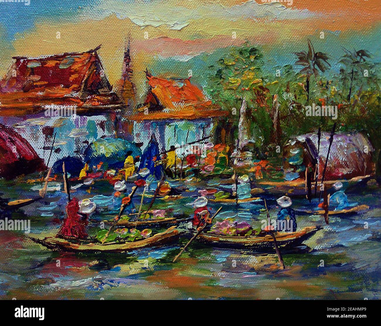 Art painting Oil color Floating market Thailand , rural life , rural ...