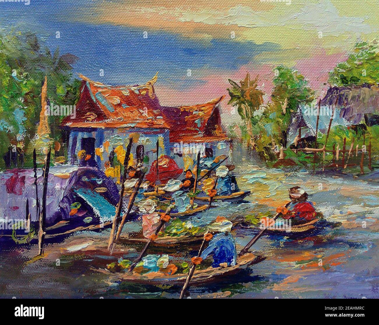 Art painting Oil color Floating market Thailand , rural life , rural ...