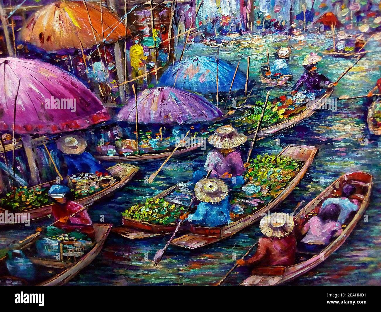 Art painting Oil color Floating market Thailand , rural life , rural ...