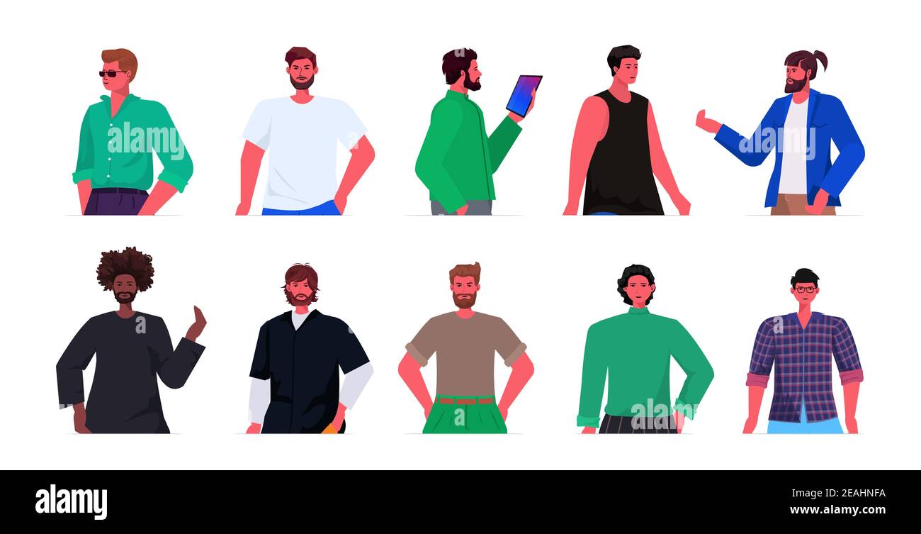 set mix race young men in casual trendy clothes male cartoon characters ...
