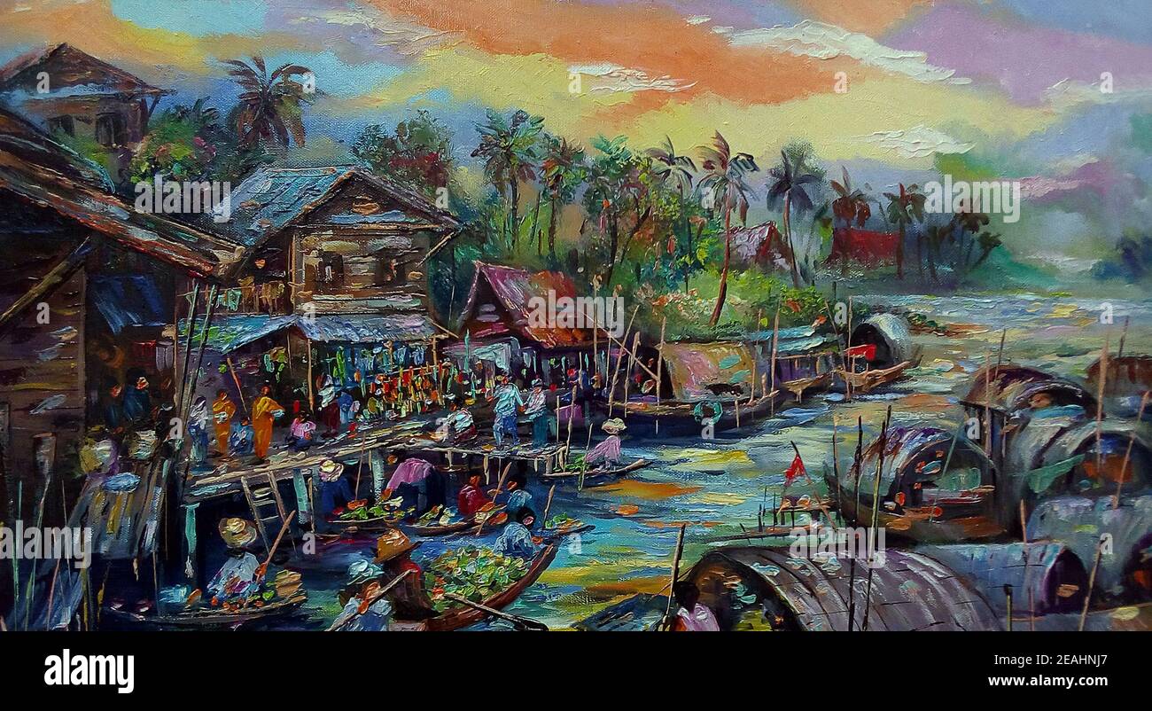 Art painting Oil color Floating market Thailand , rural life , rural ...