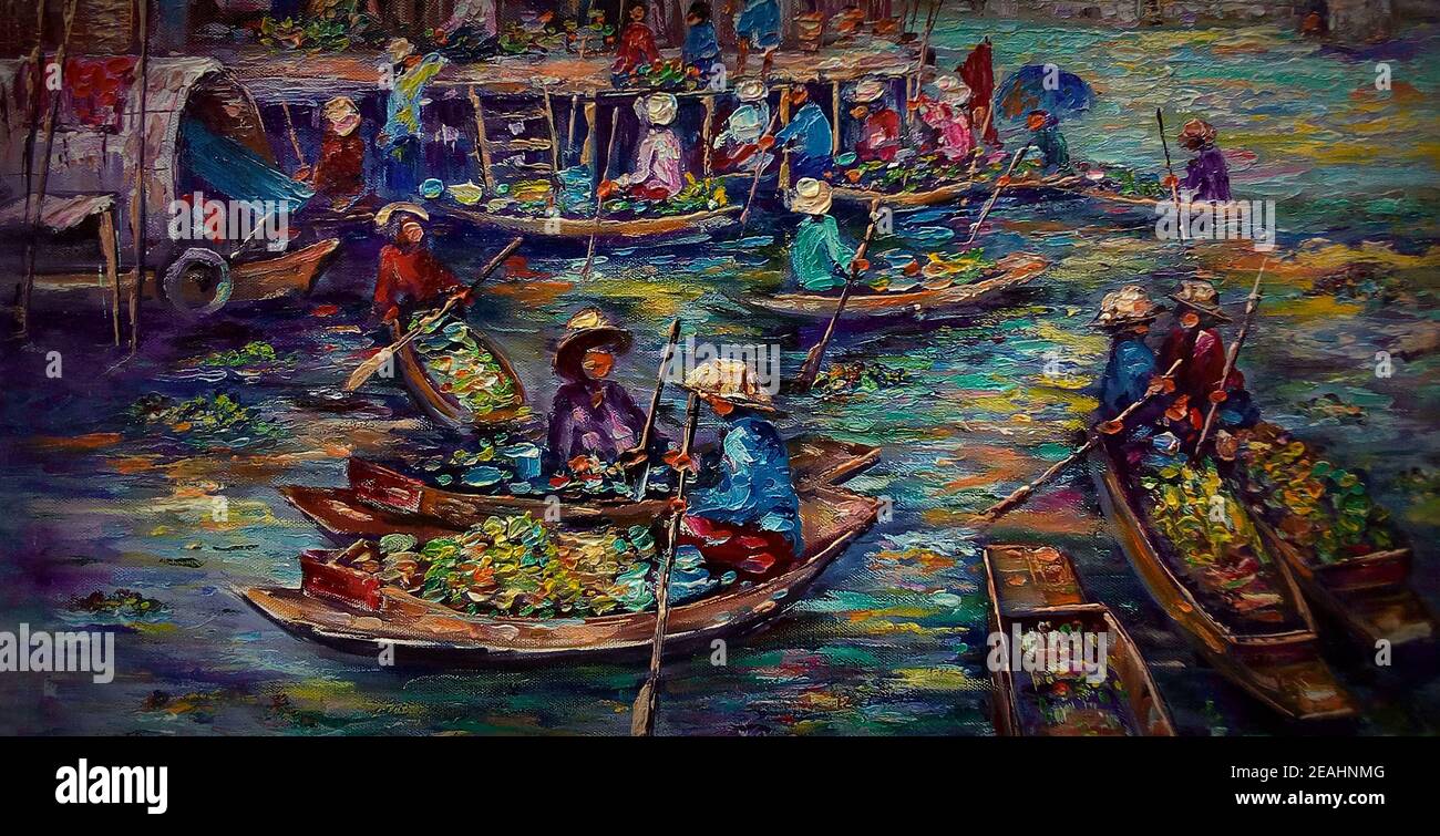 Art painting Oil color Floating market Thailand , rural life , rural ...