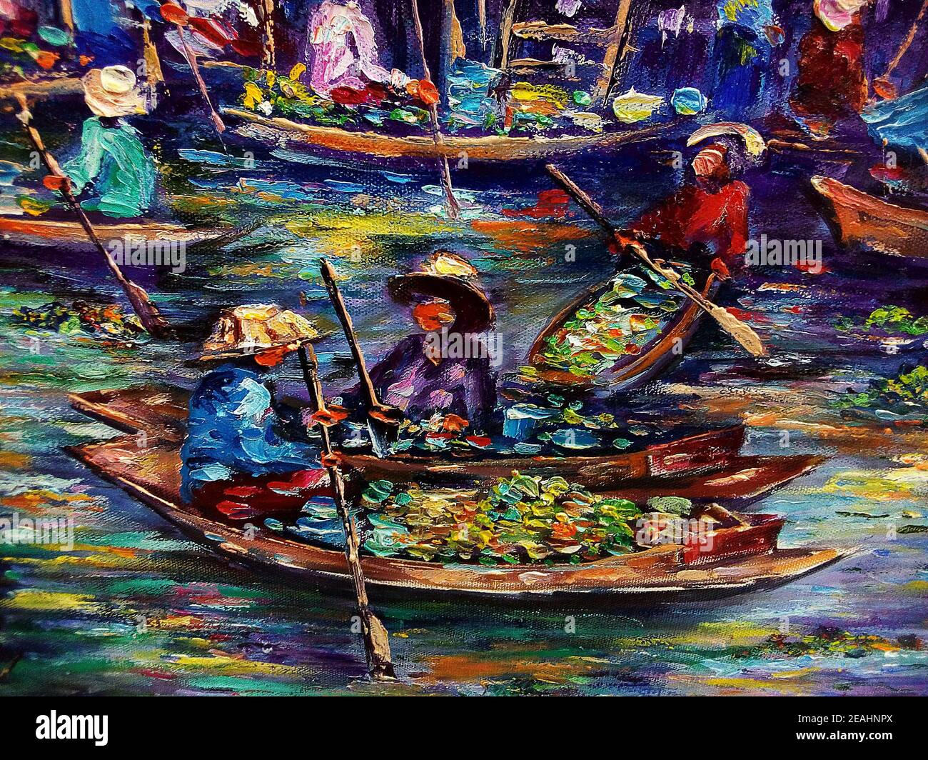 Art painting Oil color Floating market Thailand , rural life , rural ...