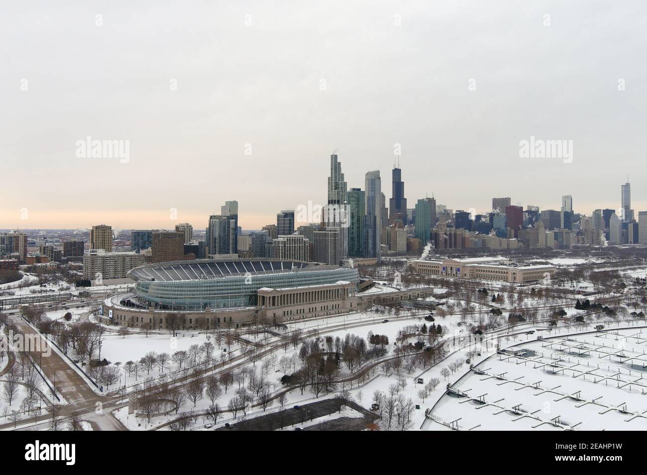 Chicago, United States. 07th Feb, 2021. An aerial view of a snow ...
