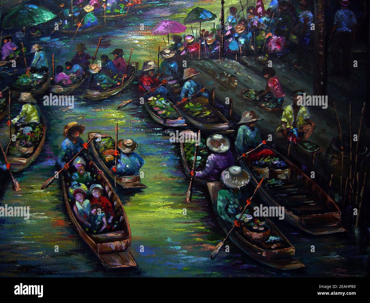 Art painting Oil color Floating market Thailand , rural life , rural ...