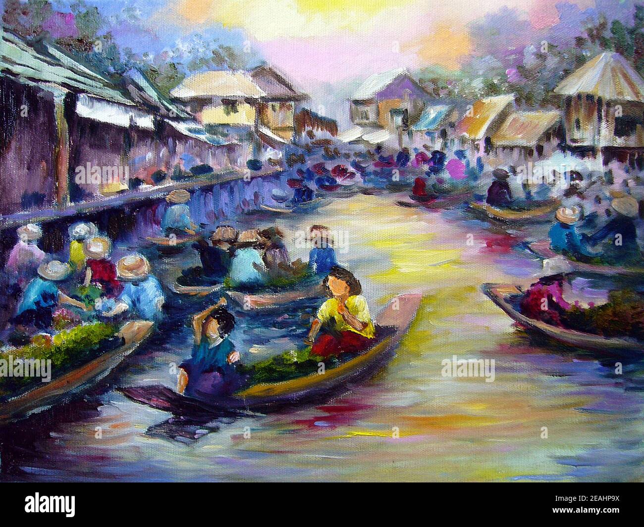 Art painting Oil color Floating market Thailand , rural life , rural ...