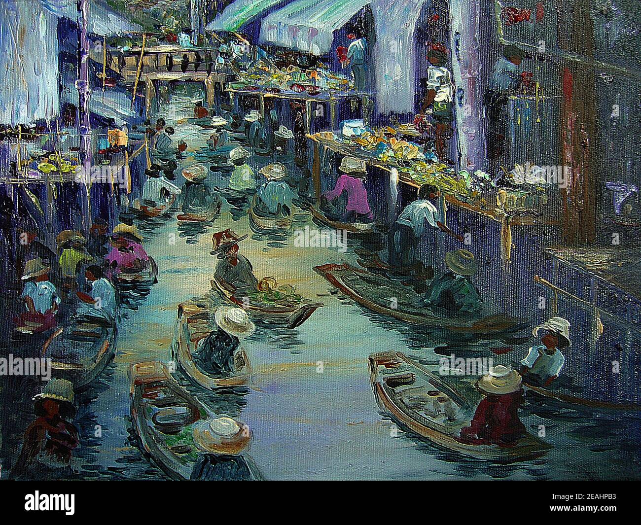 Art painting Oil color Floating market Thailand , rural life , rural ...