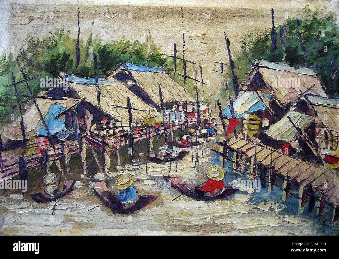 Art painting Oil color Floating market Thailand , rural life , rural ...