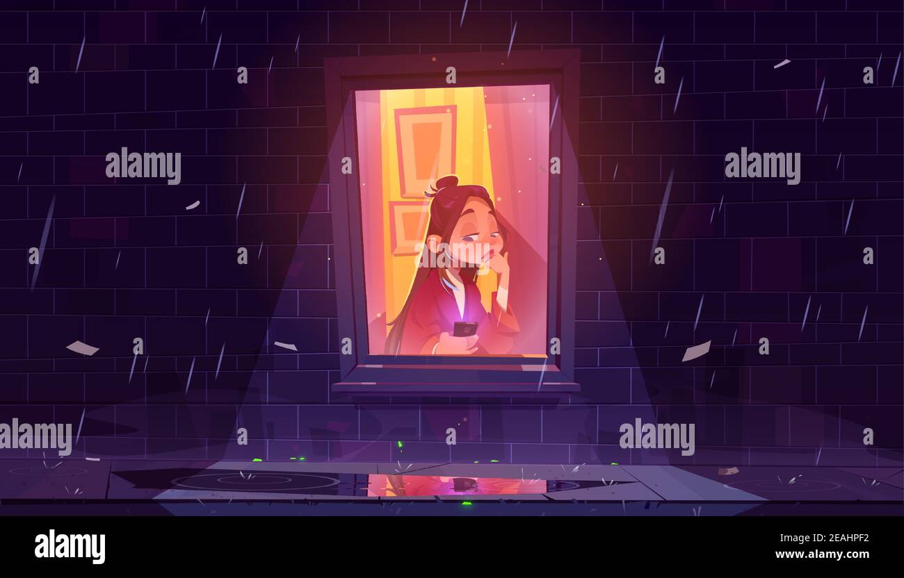 Unhappy lonely girl with smartphone by window in house at rainy night ...